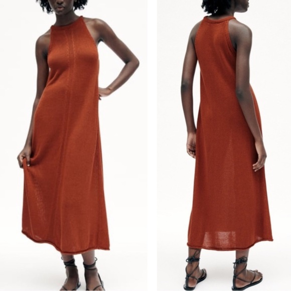 Zara | Dresses | Zara Rust Knit Halter Linen Blend Midi Slip Dress In ...